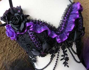 Rave Bra Black and Deep Red Flowers Goth Bra by VinylDolls