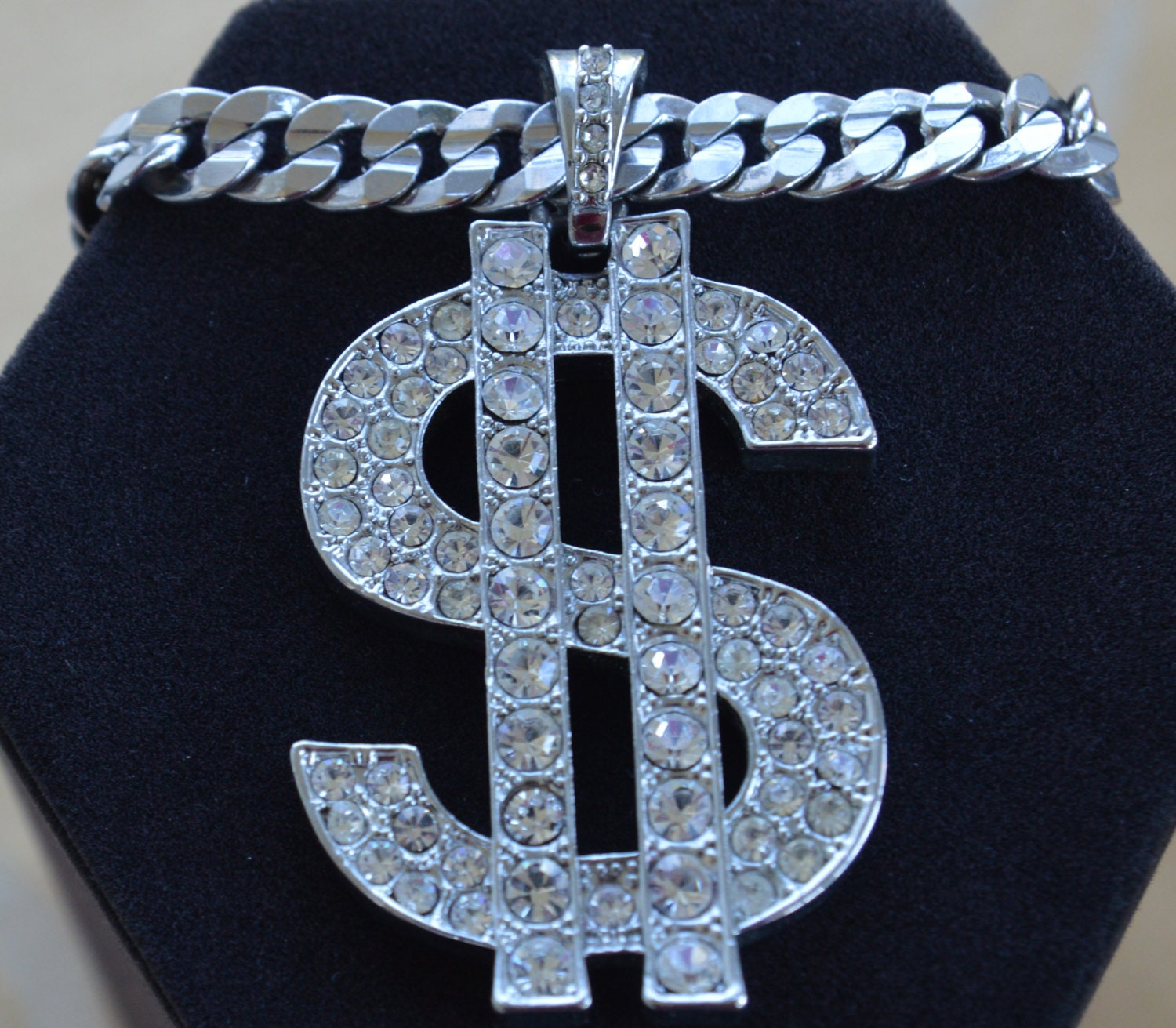 Handsome Vintage Rhinestone Dollar Sign Necklace Heavy