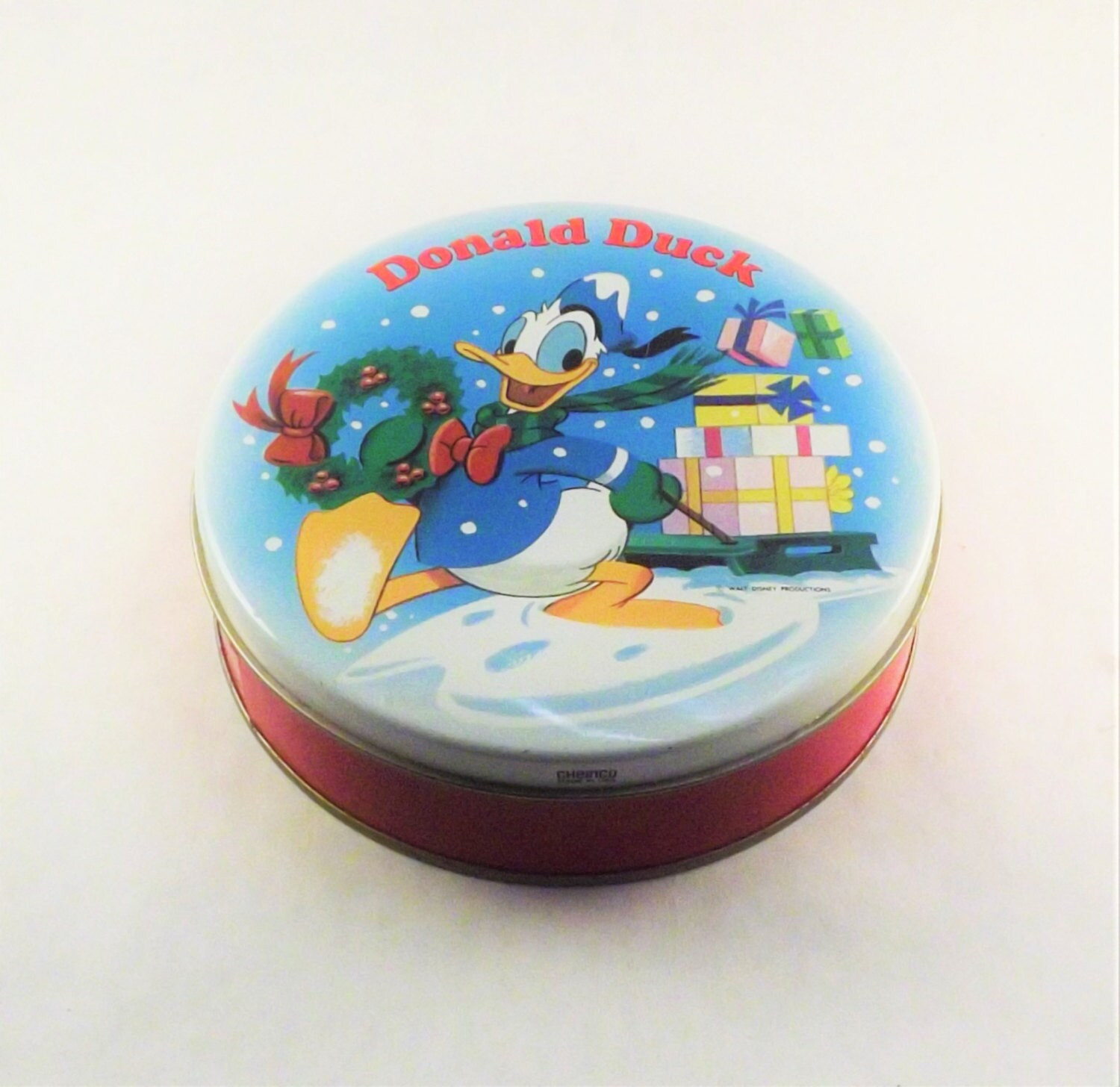 Vintage Donald Duck Christmas Tin, Small Snow Scene Candy Tin, Round ...