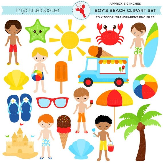 Boys Beach Clipart Set summer vacation by mycutelobsterdesigns