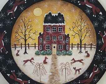 Winter Folk Art Painting Primitive Wood Plate by RavensBendFolkArt