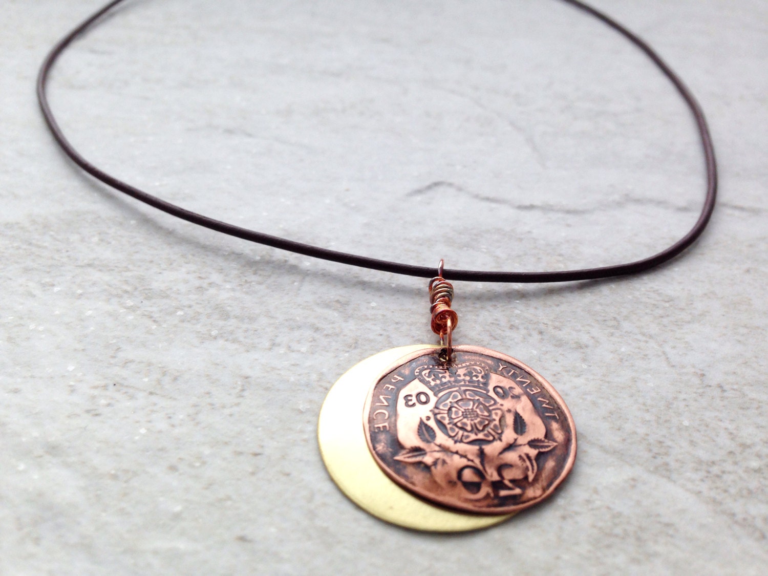 Copper coin pendant necklace copper and brass by EvadesignsMaine