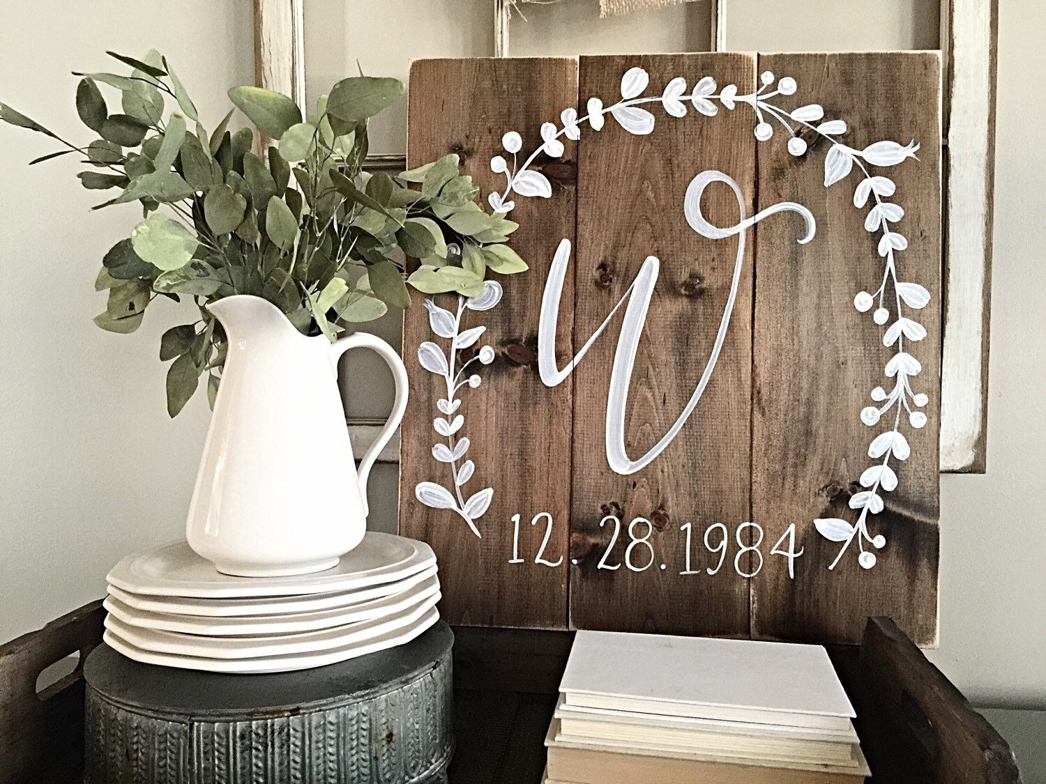 Rustic Home Decor Initial with Wedding Date Wood Wedding