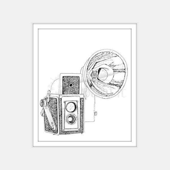 Vintage Camera Pen and Ink Print Drawing Instant Download