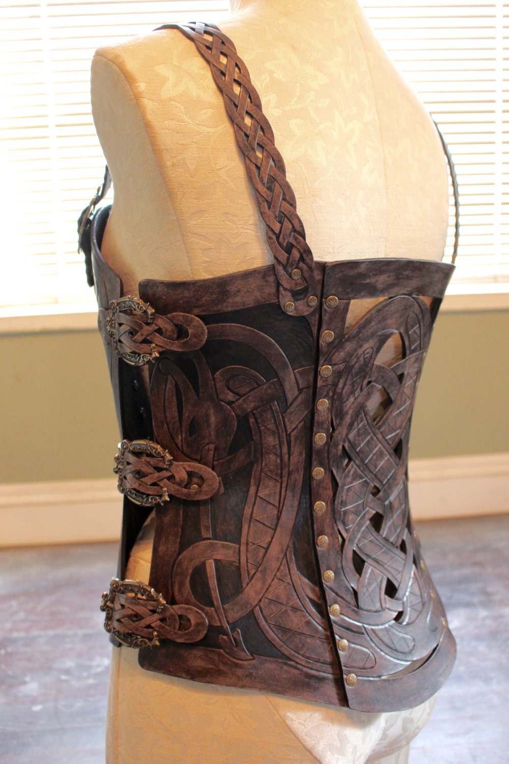 Leather armor corset Viking design celtic dragon cut-out