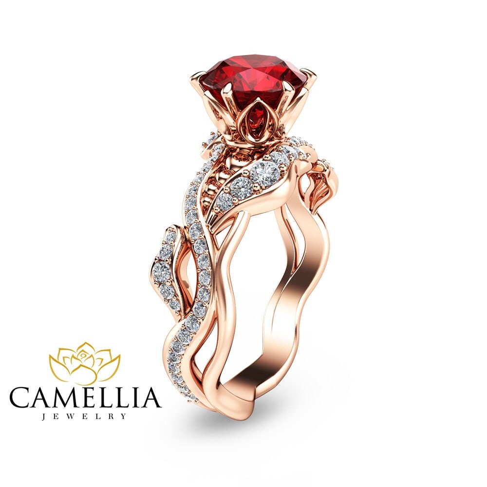 Rose Gold Ruby Engagement Ring Twisted Ruby Bridal Ring 14K