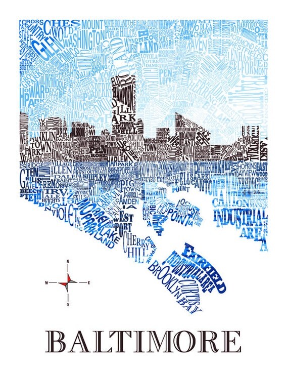 Baltimore City Skyline Neighborhood Map 11x14 print