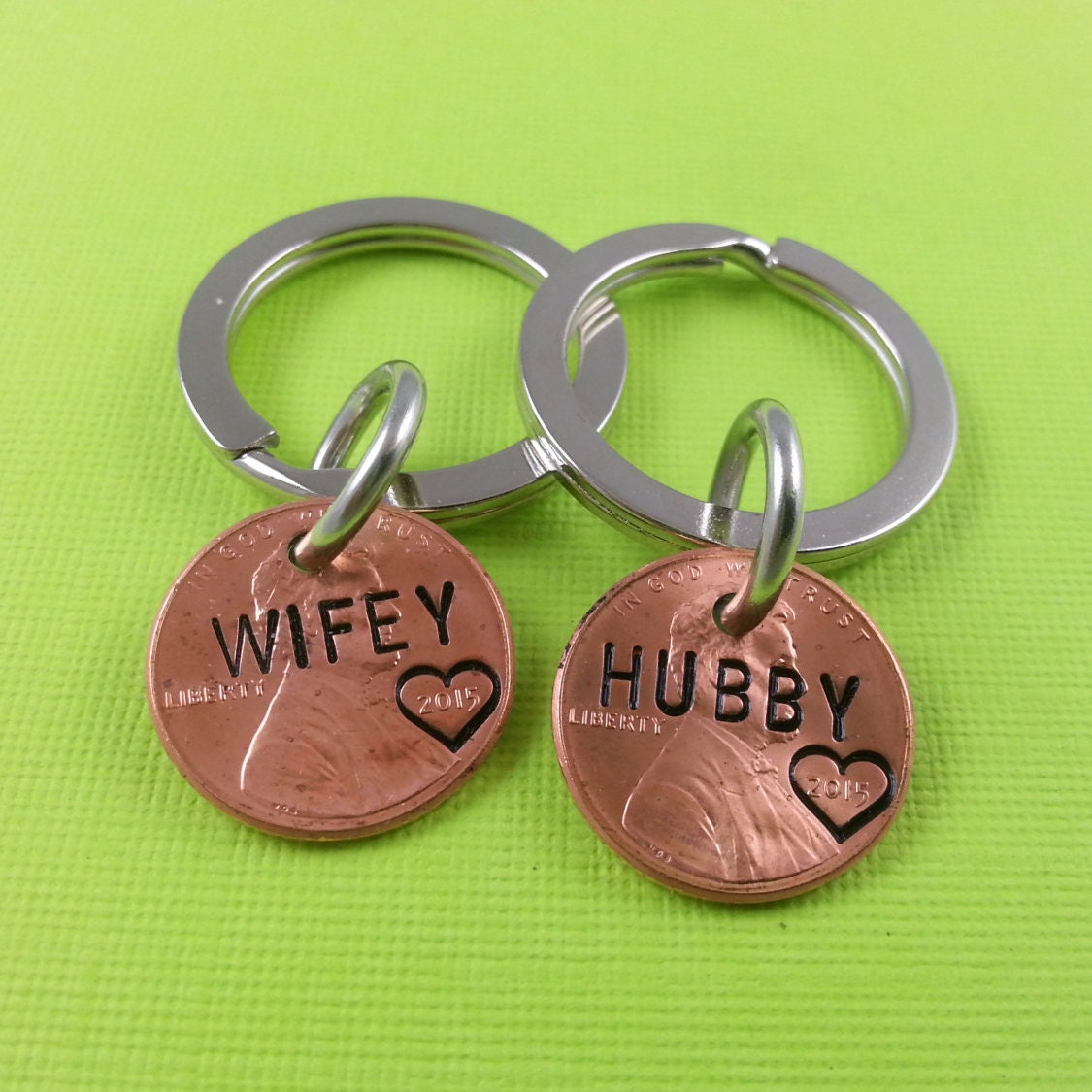 2 Personalized Keychain Couples Hand Stamped Penny Hand