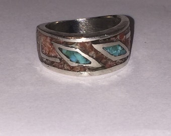 Turquoise Red Coral Ring Navajo MOP Inlay Sterling by BargainBitz