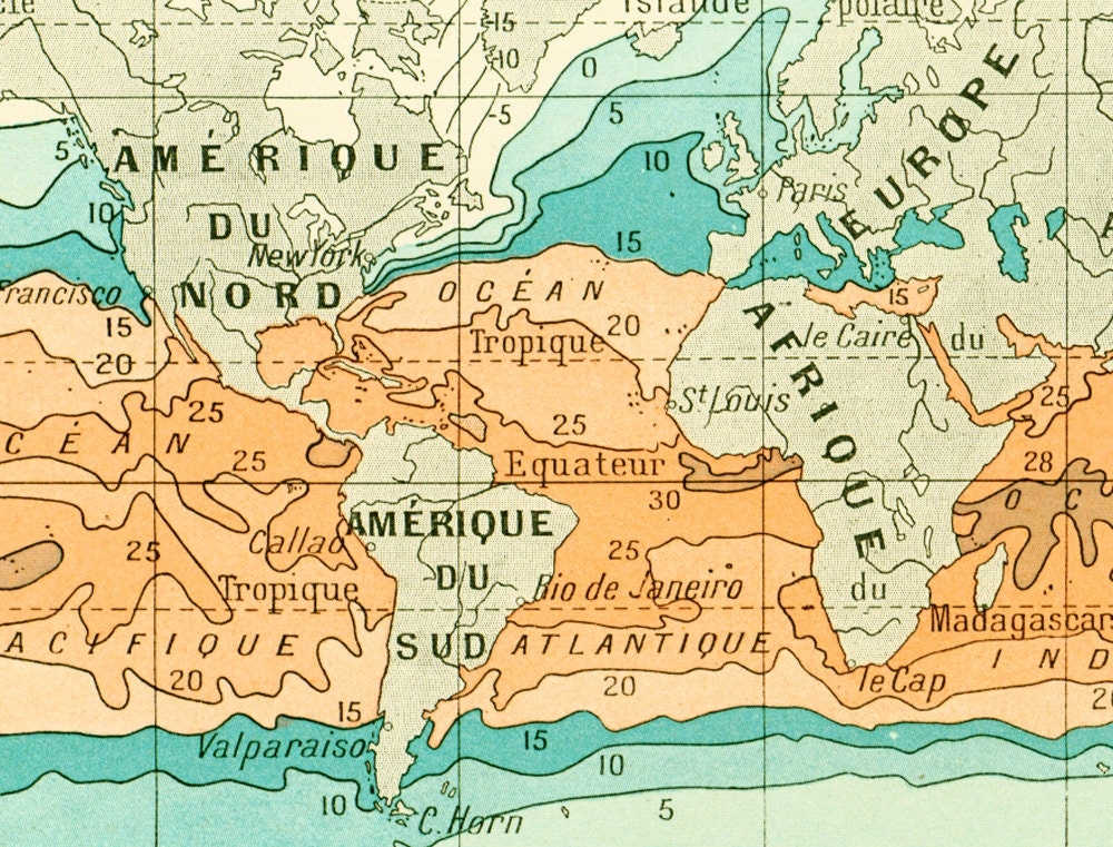 1897 Antique Weather Map Temperature Climate Change Larousse