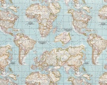 World map fabric, Map fabric, Half metre, Half yard, Upholstery cotton ...