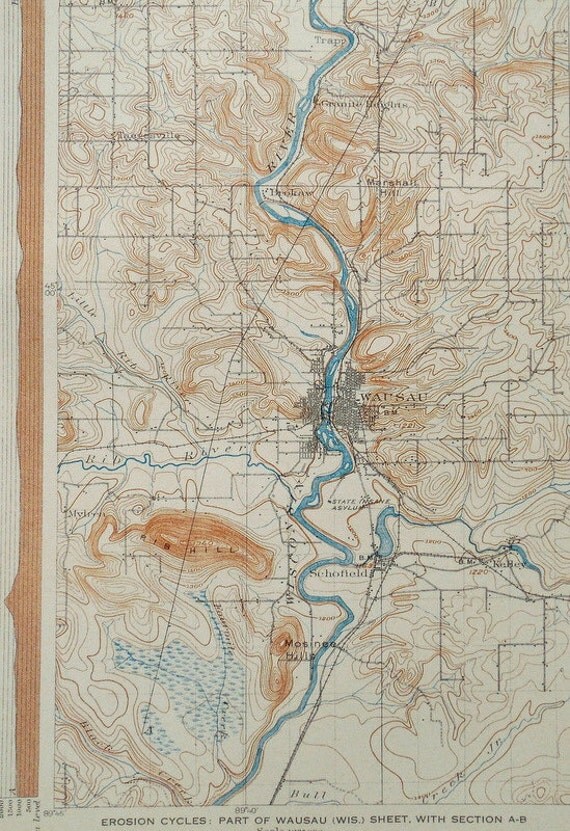 1908 Antique Map: Wisconsin River Wausau Granite Heights.