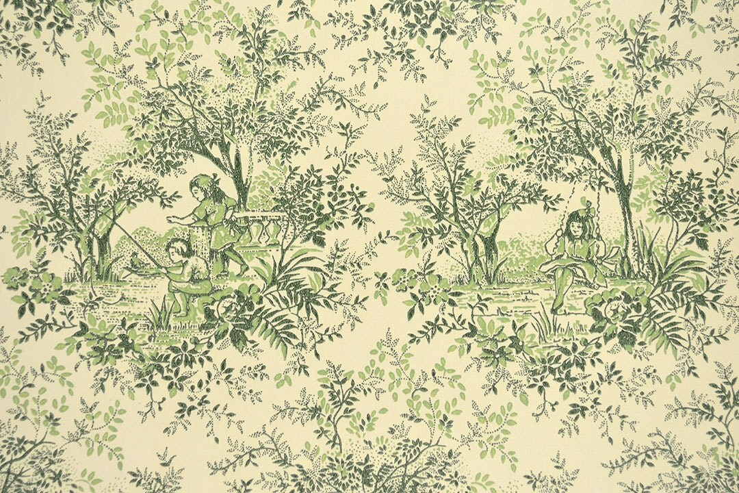 Vintage Toile Wallpaper by the Yard Two-Tone Green and Ivory