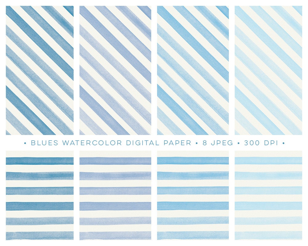 Blue Digital Paper Pack Watercolor Stripes, Lines, Strokes. Real ...