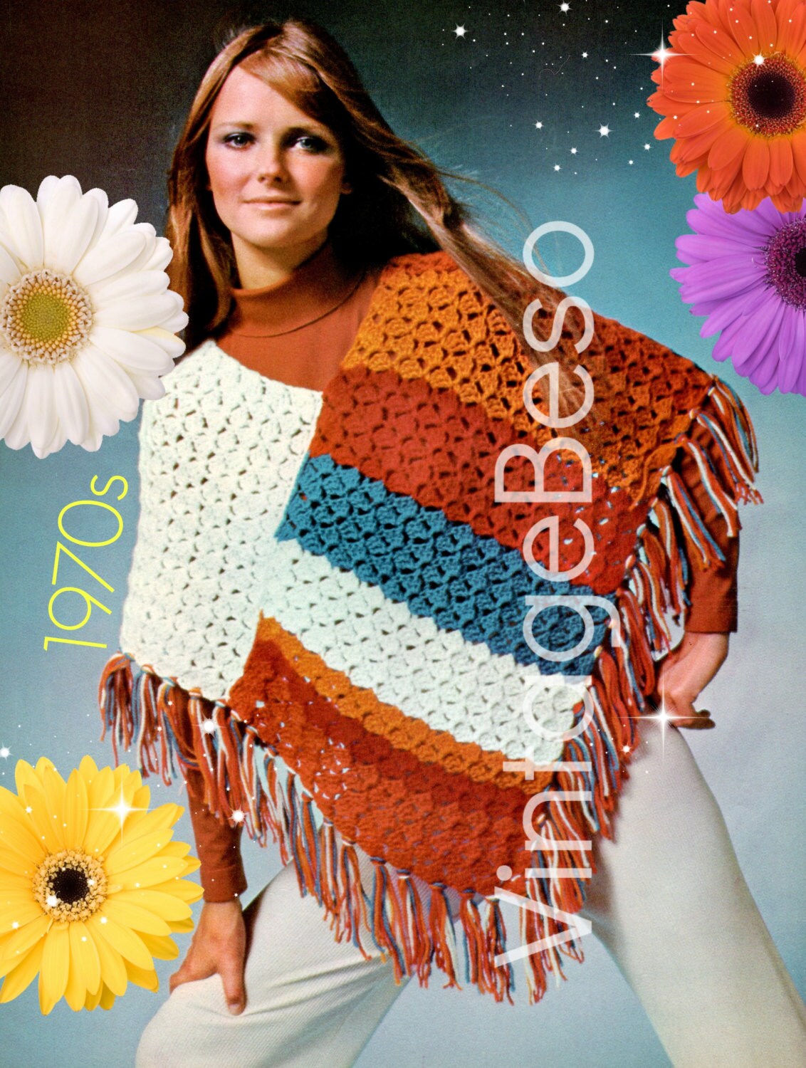 Poncho Crochet Pattern Retro 1970s Easy Crochet Pattern Shell