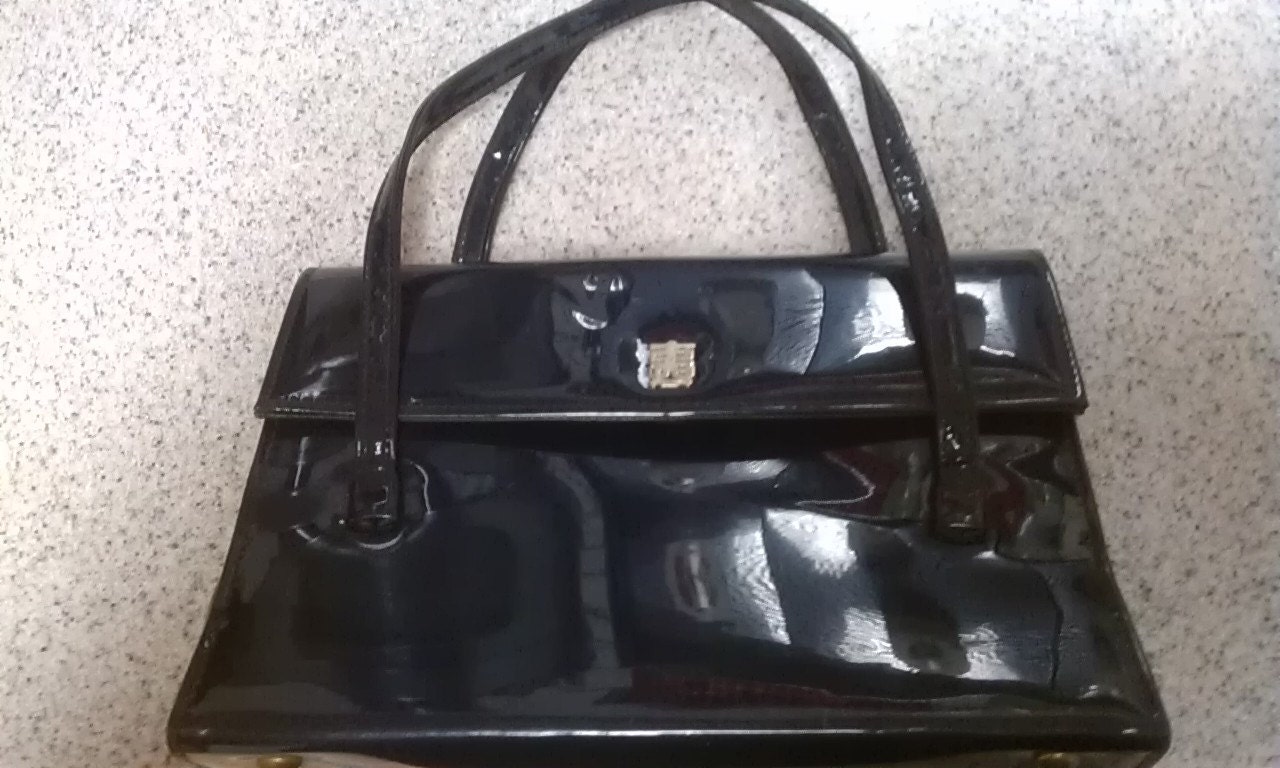 Navy blue vintage patent leather purse with handles Vintage