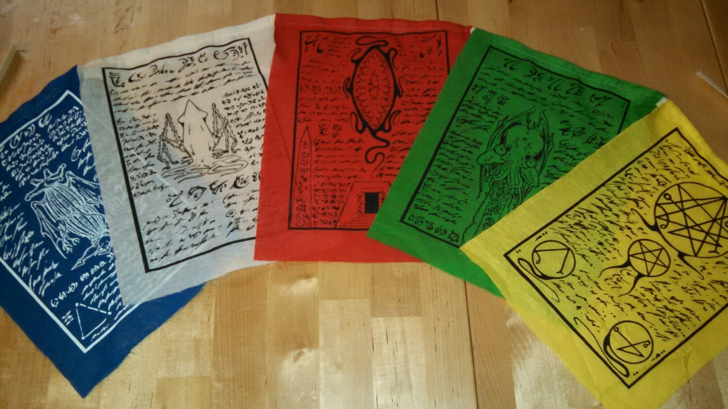 Necronomicon themed Prayer Flags in traditional colors set
