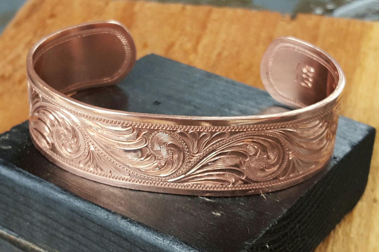 Copper bracelet western bright cut hand engraved