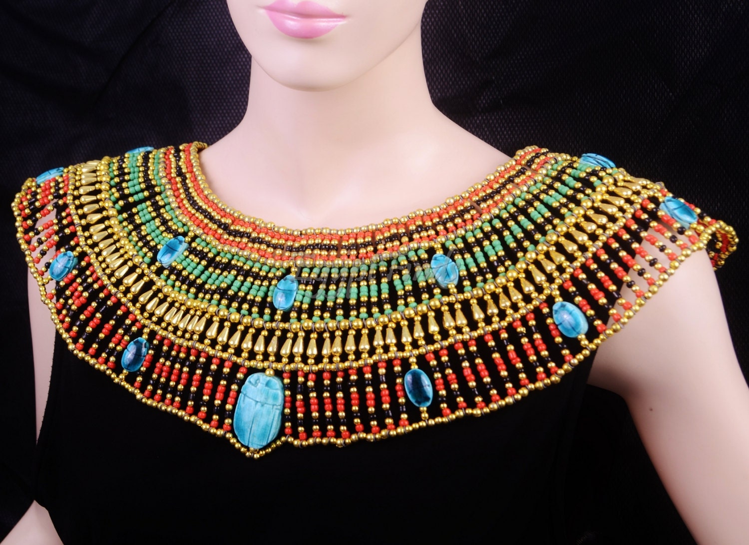 Huge Ancient Egyptian Beaded Cleopatra 14 Scarabs Necklace