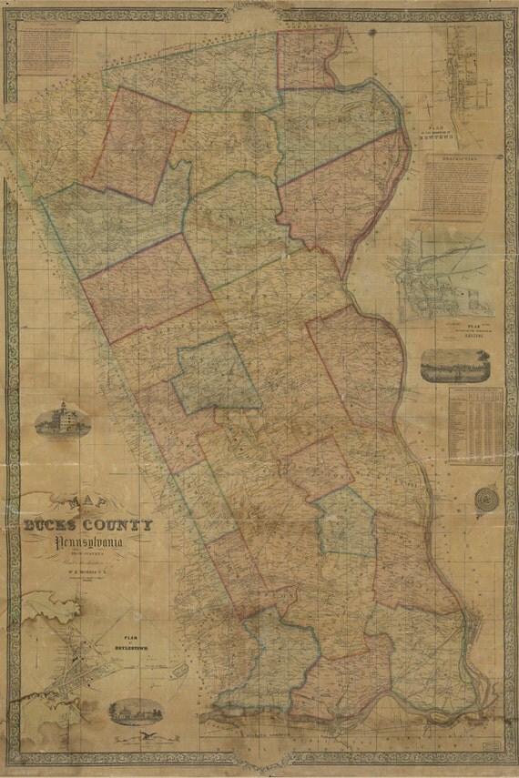 1850 Farm Line Map of Bucks County Pa from surveys colored