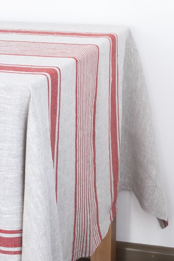 Red Striped Natural Linen Tablecloth