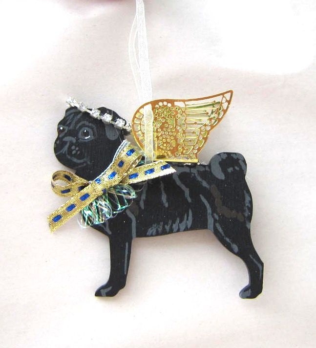 Hand-Painted PUG BLACK Metal Wing Angel Wood Christmas