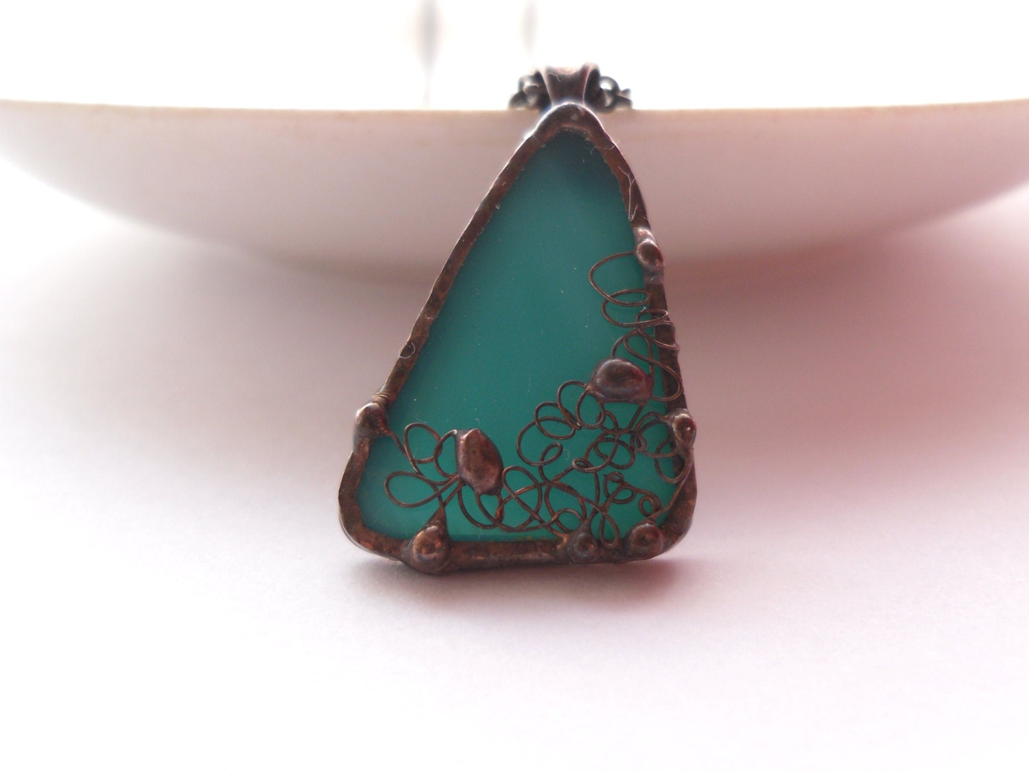 Stained glass necklace artistic pendant turquoise green