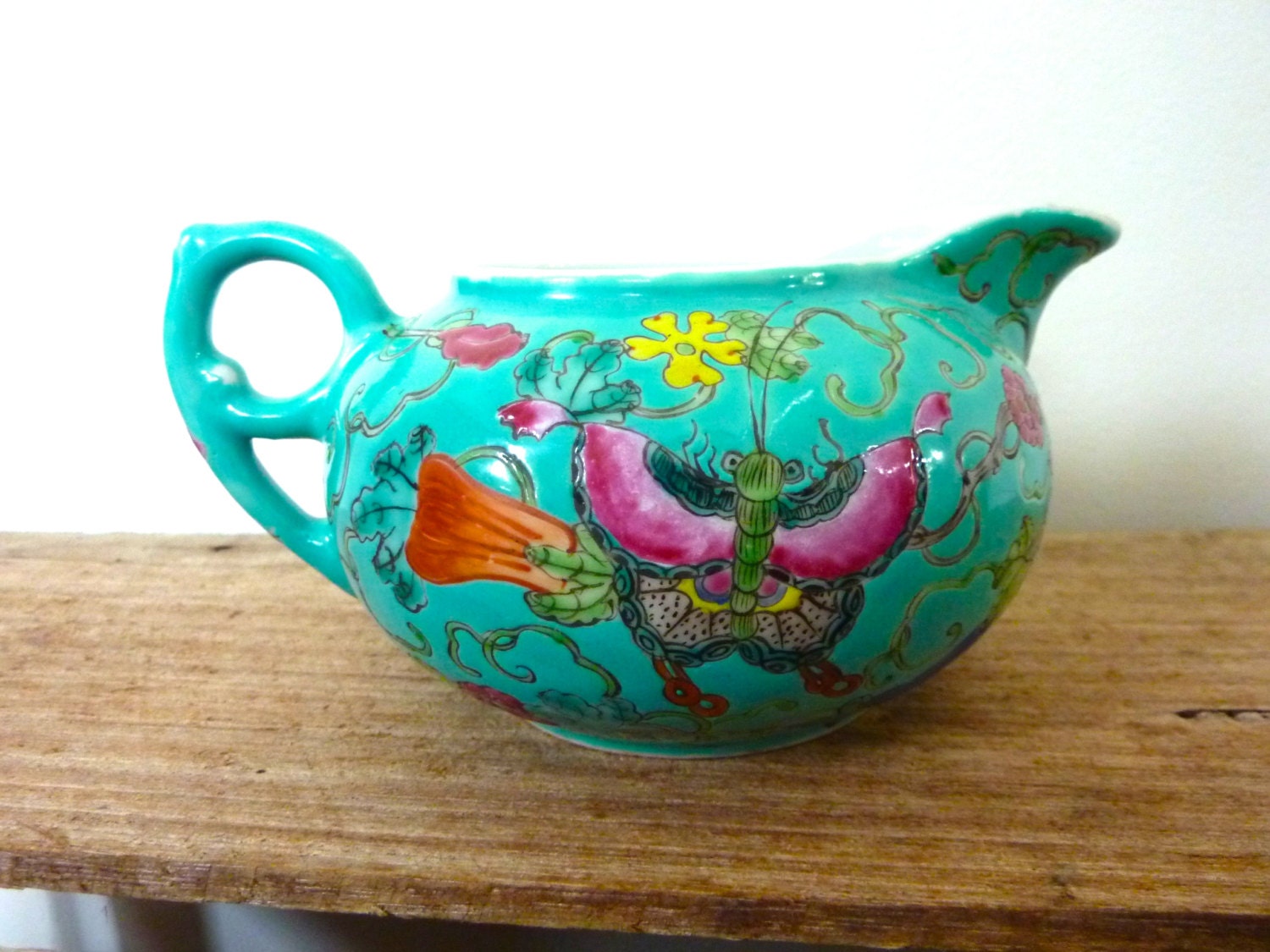 Vintage Hand Painted Chinese Style Milk Jug, Asian Turquoise Jug ...