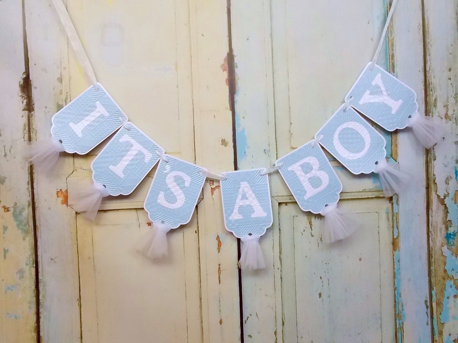 It's A Boy Banner Embossed White and Baby Blue Banner