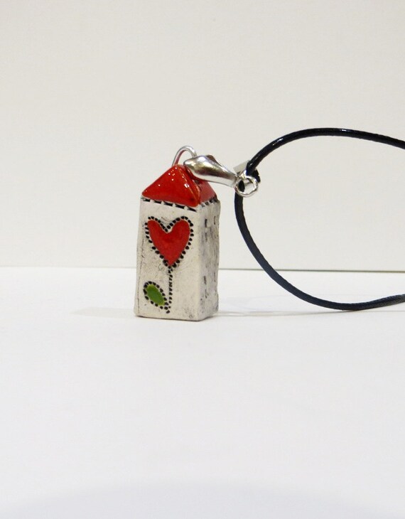 Mini Ceramic House Necklace Unique House with a heart