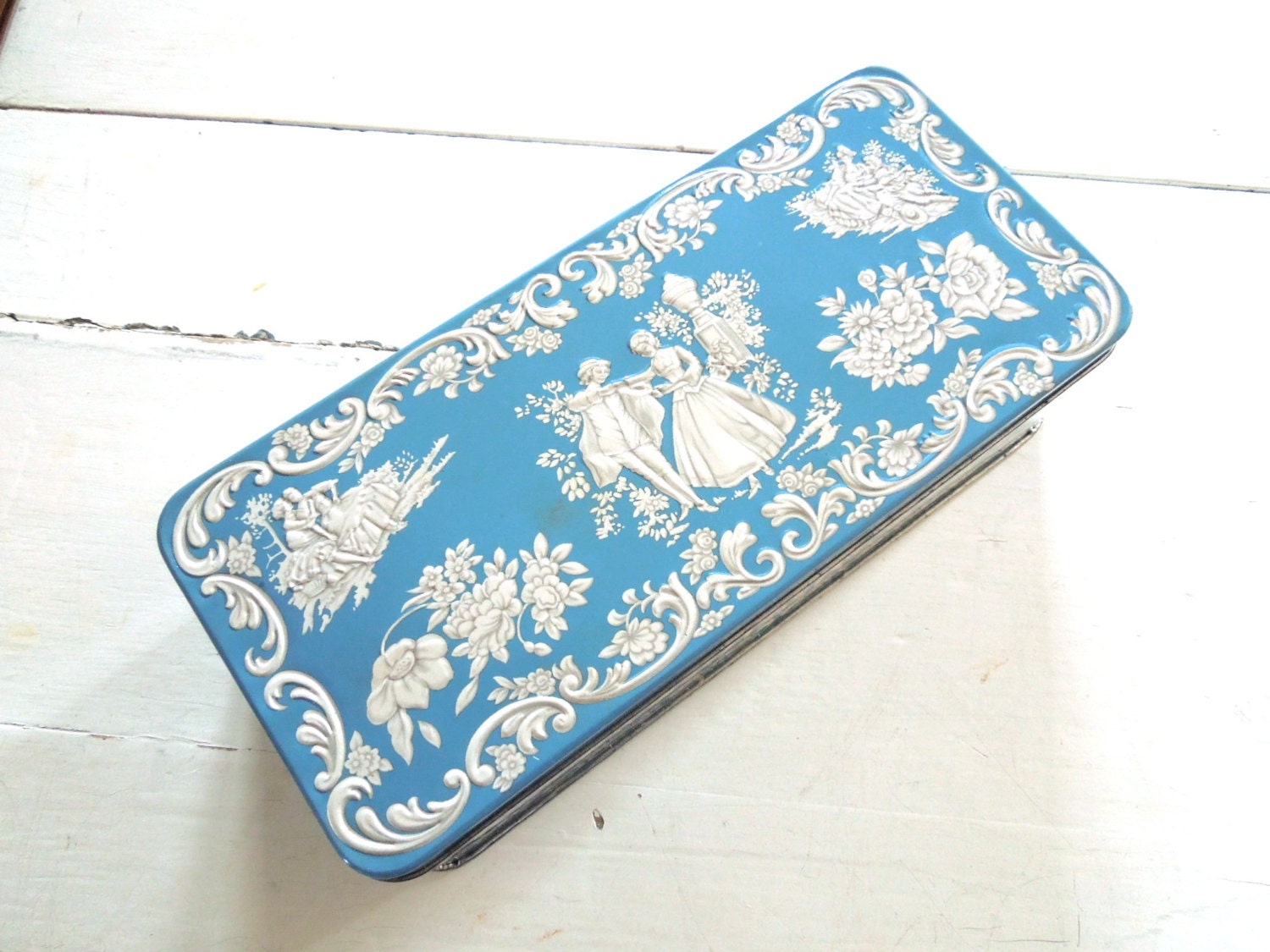 Metal box – vintage Blue & white tin box – Wedgwood style embossed box ...