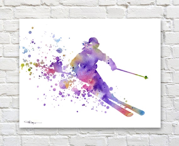 Skier Art Print Abstract Watercolor Painting Ski Wall
