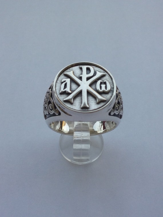 Alpha and Omega Chi-rho Sterling Silver Ring Men Christian