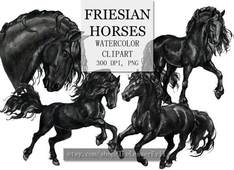 Friesian Horses Clipart Digital Watercolor by TheLesserEvil