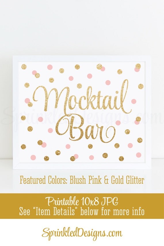 Mocktail Bar Sign Blush Pink Gold Glitter Baby or Bridal