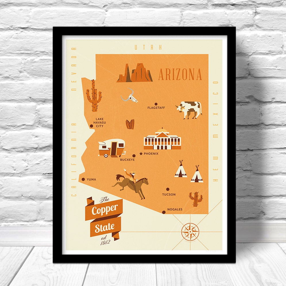 Arizona Map The Copper state map original illustrated map