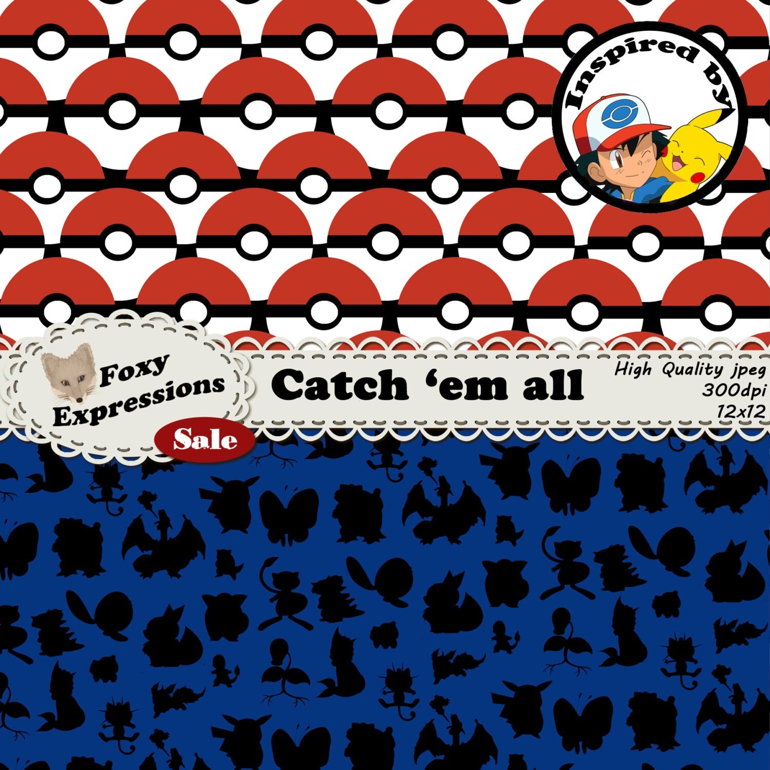 Catch 'em all digital paper inspired by Pokemon Designs