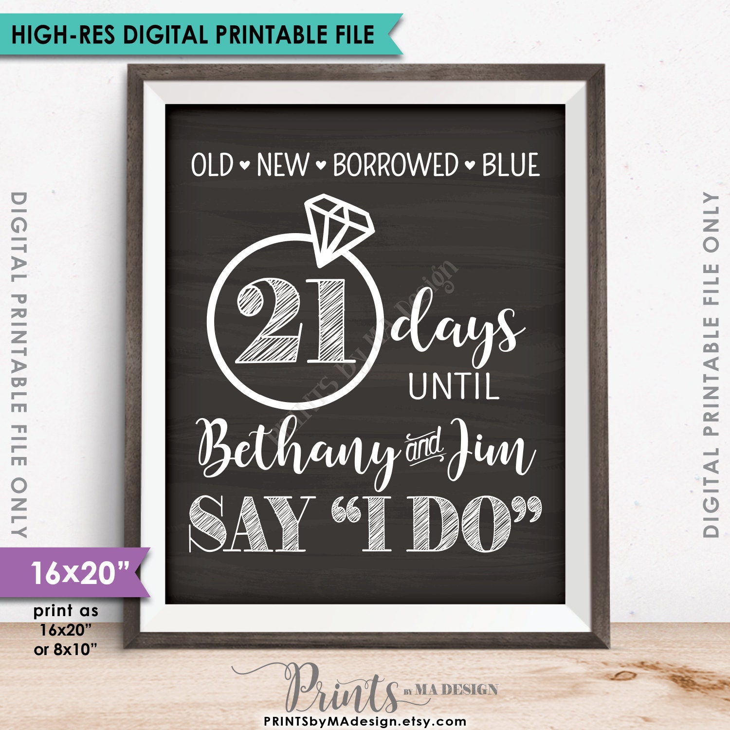 Wedding Countdown Sign, Days Until They Say I Do Wedding Sign, Couple's ...