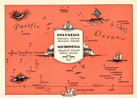 1940s Vintage Pacific Islands Cartoon Map Polynesia Print