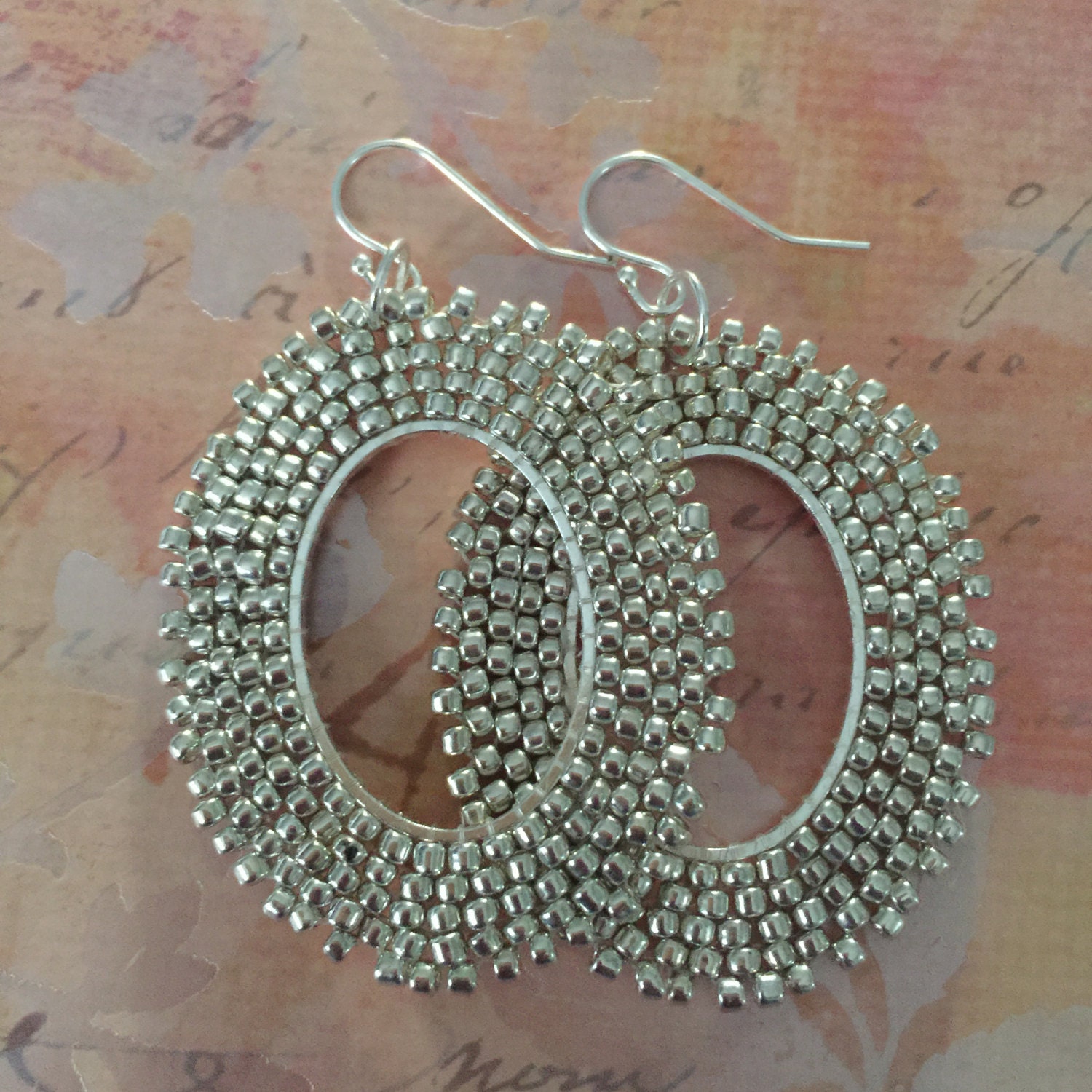 Seed Bead Hoop Earrings Silver Oval Hoop Beaded Earrings