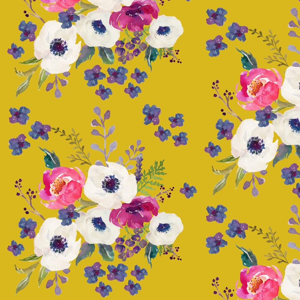 Boho Fabric Boho Purple Floral Print Mustard Color By