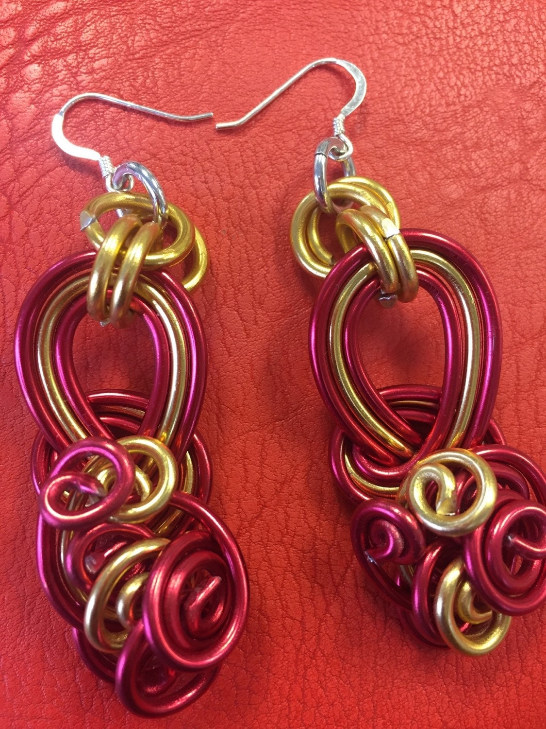 Red and Gold Wire Wrapped Earrings Large Light Weight