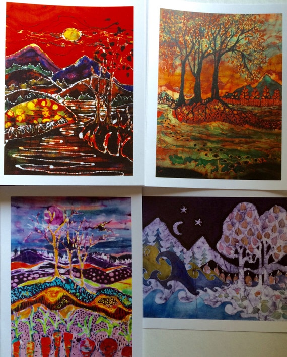 Woodland Landscape batik cards set Enchanted landscapes