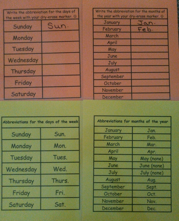 Days of the Week / Months of the Year Abbreviations Dry