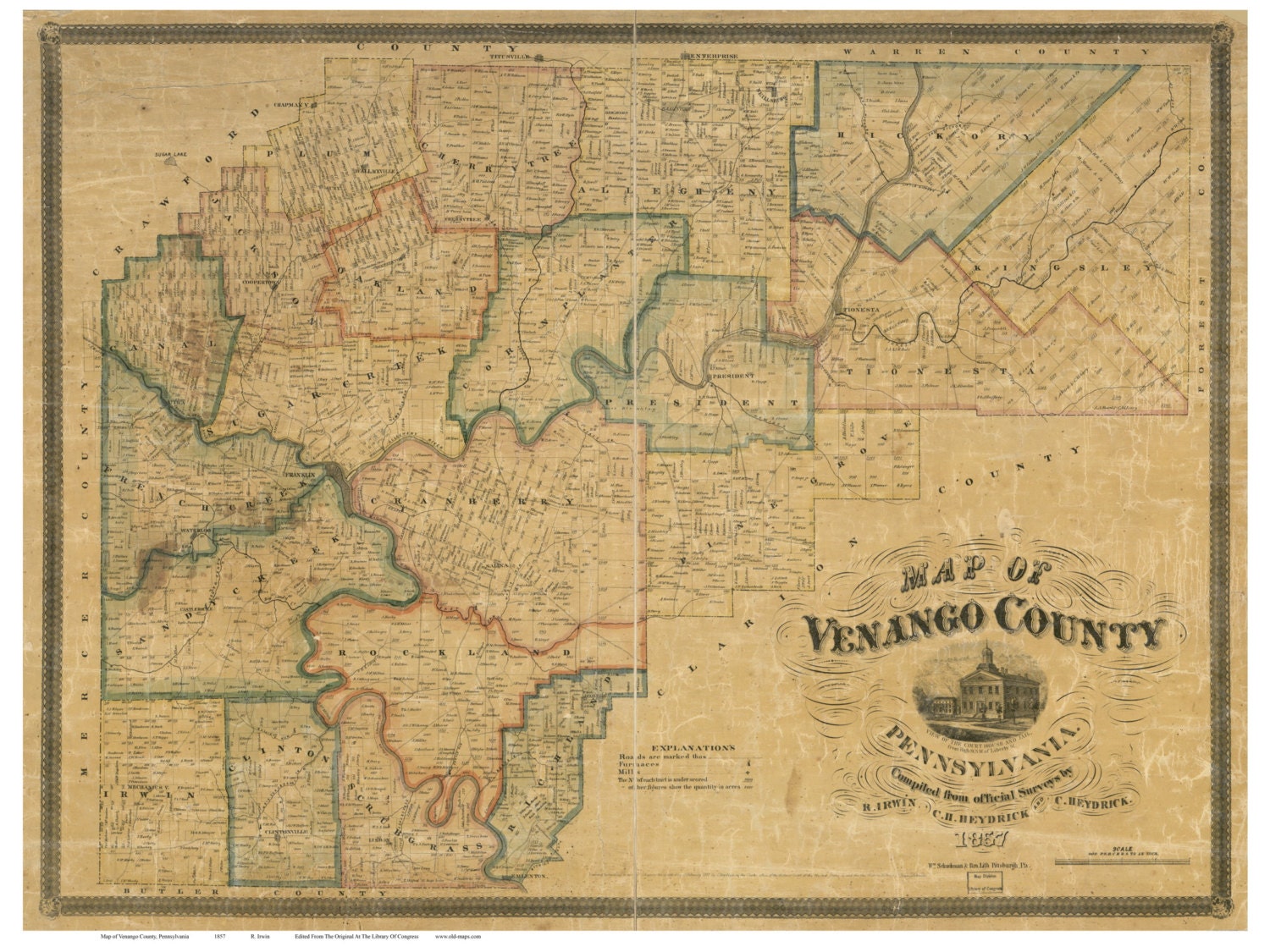 Venango County Pennsylvania ca. 1857 Wall Map with