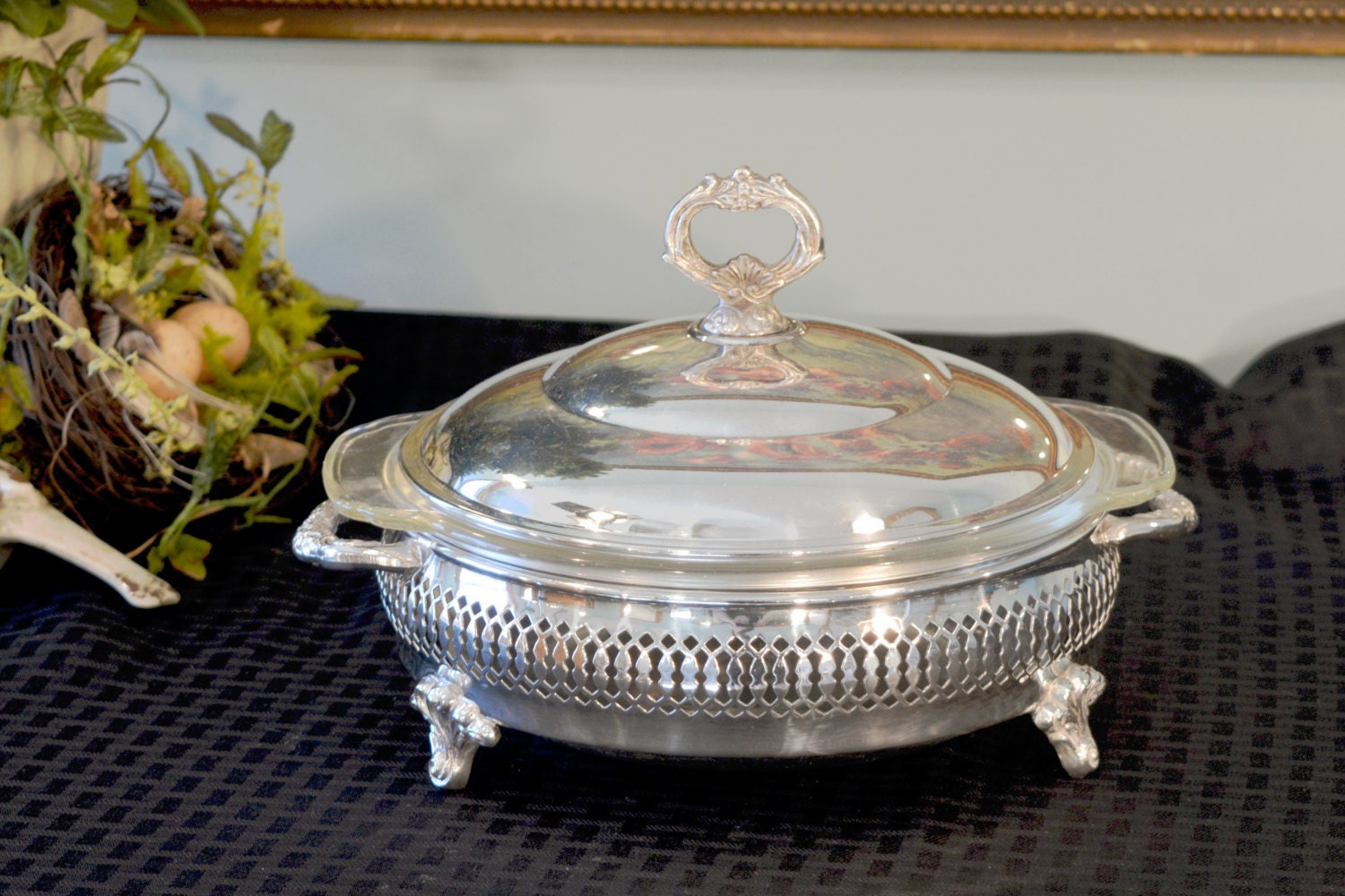 Petite Silver Plate Buffet Stand – Fire King Glass Baking Dish – Footed ...