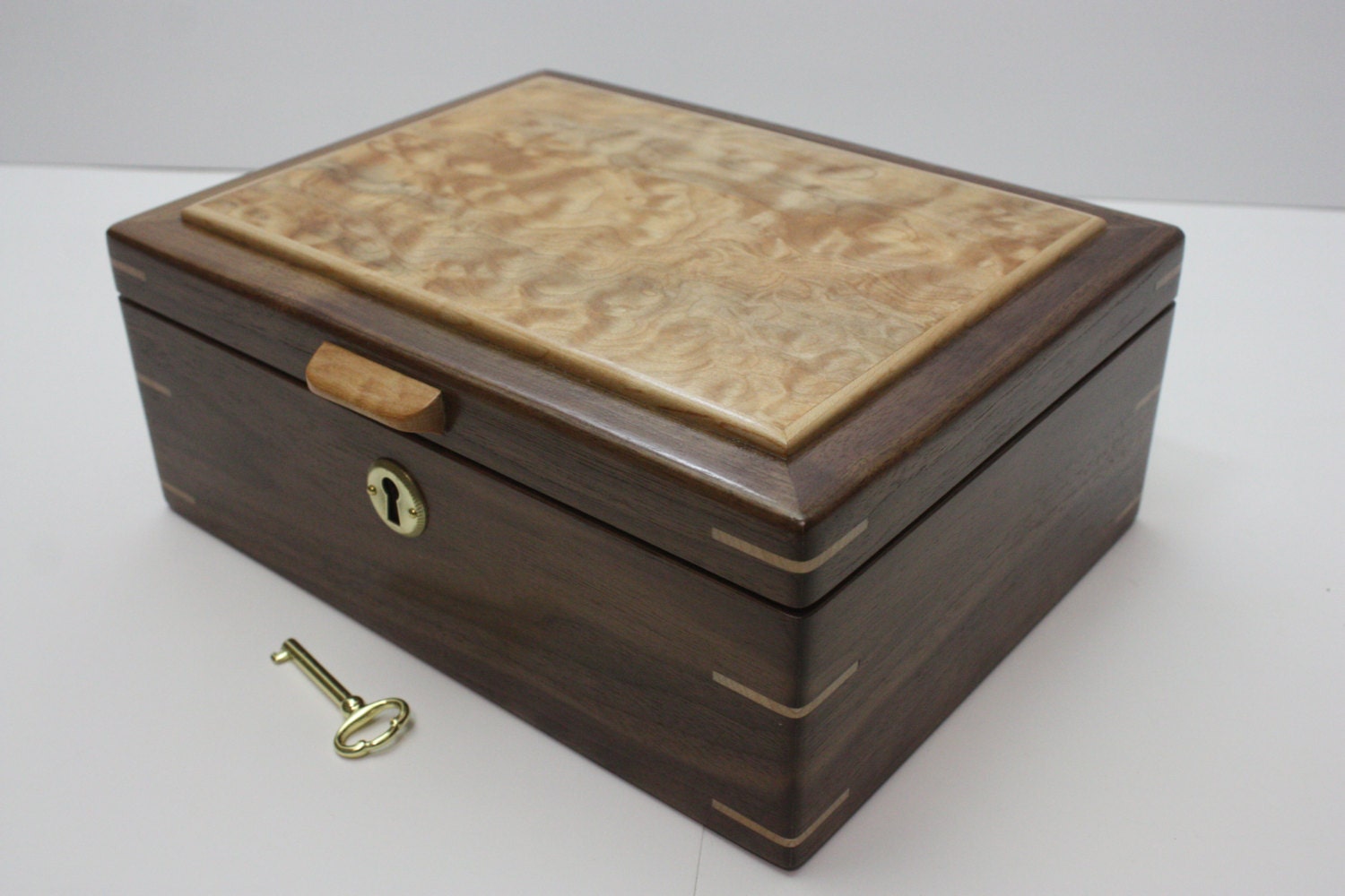 Black Walnut Wood Box with Quilted Maple Lid. Locking Handmade