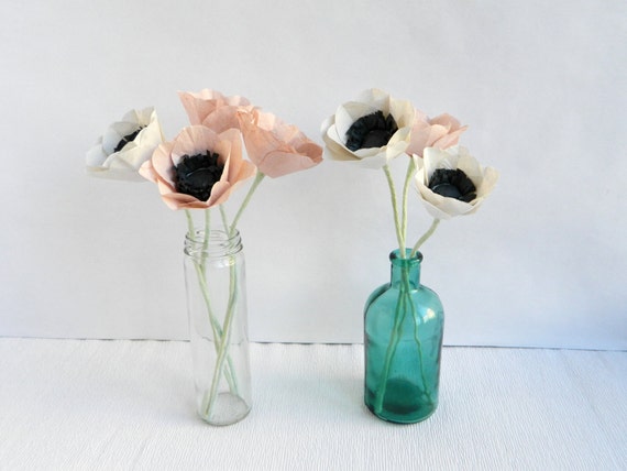 Five pieces of pink and white paper anemones paper flowers