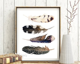 Boho printable watercolor feathers wall art print Hippie wall