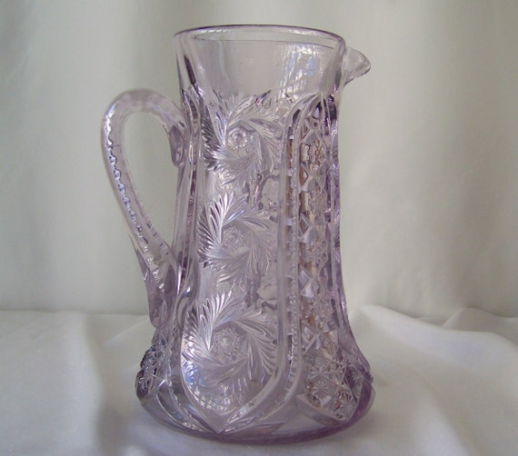 Vintage Purple Glass Pitcher Leaded Crystal Pin Wheel Sun